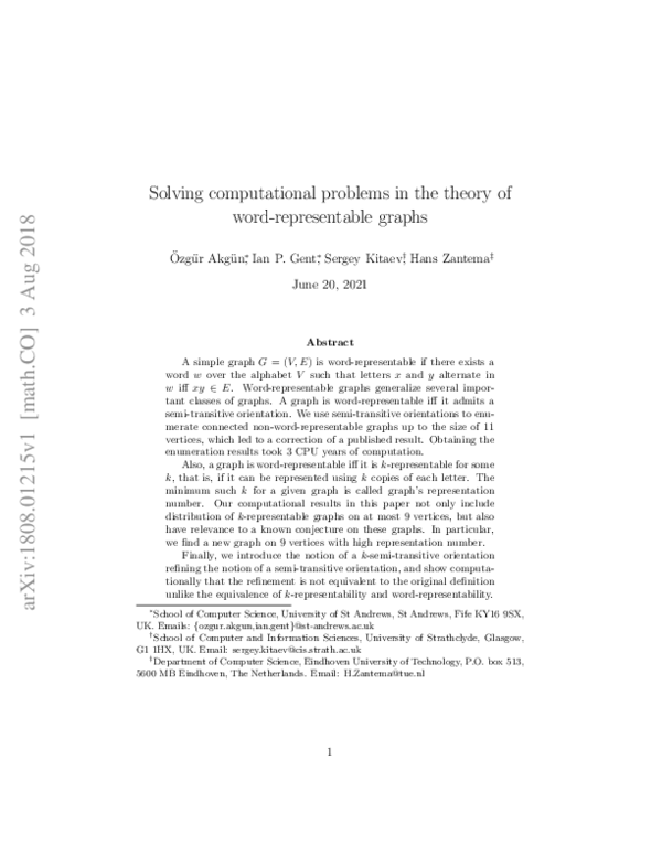 Pdf Solving Computational Problems In The Theory Of Word Representable Graphs Hans Zantema