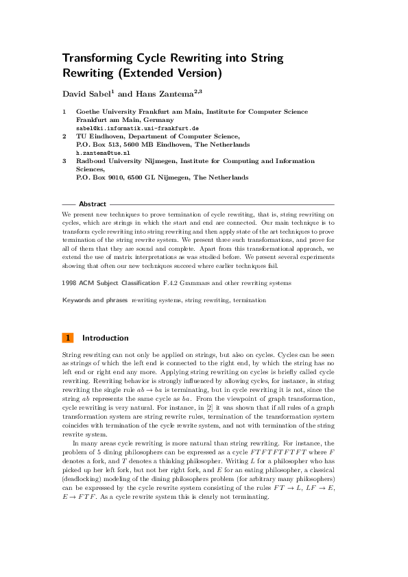 Pdf Transforming Cycle Rewriting Into String Rewriting Extended Version Hans Zantema