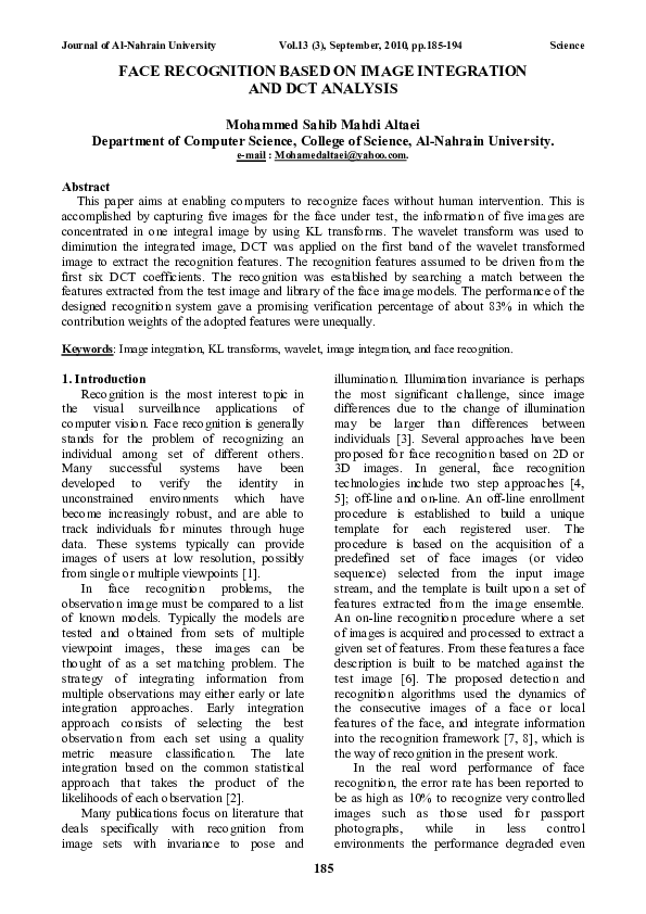 Pdf Face Recognition Based On Image Integration And Dct Analysis