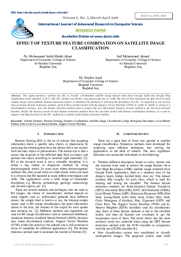Pdf Effect Of Texture Feature Combination On Satellite Image