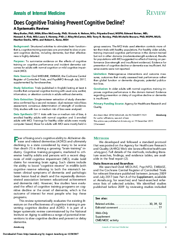 (PDF) Does Cognitive Training Prevent Cognitive Decline?: A Systematic Review