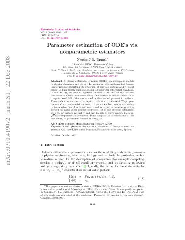Pdf Parameter Estimation Of Odes Via Nonparametric Estimators