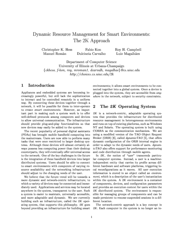 Pdf Dynamic Resource Management For Smart Environments The 2k Approach