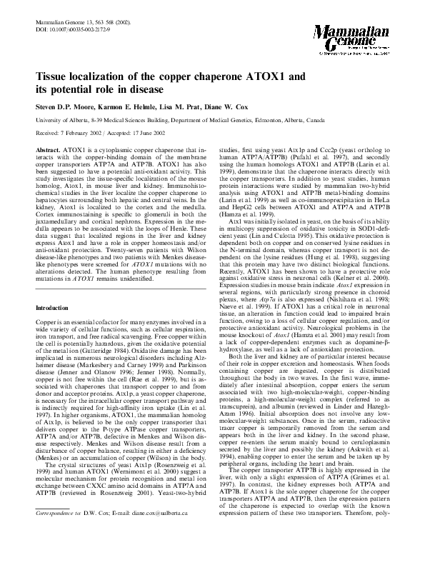 (PDF) Tissue localization of the copper chaperone ATOX1 and its ...