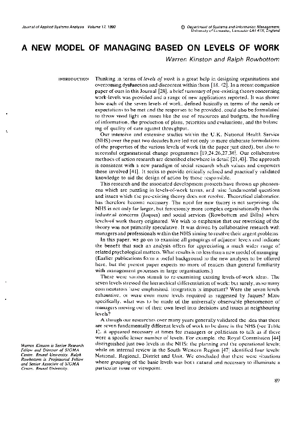 (PDF) A new model of managing based on levels of work