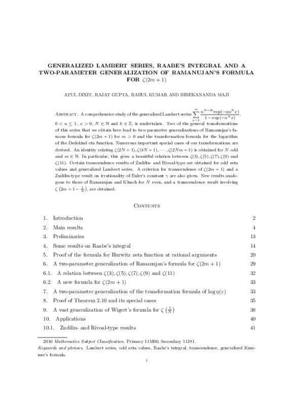 (PDF) Generalized Lambert series, Raabe's integral and a two-parameter ...