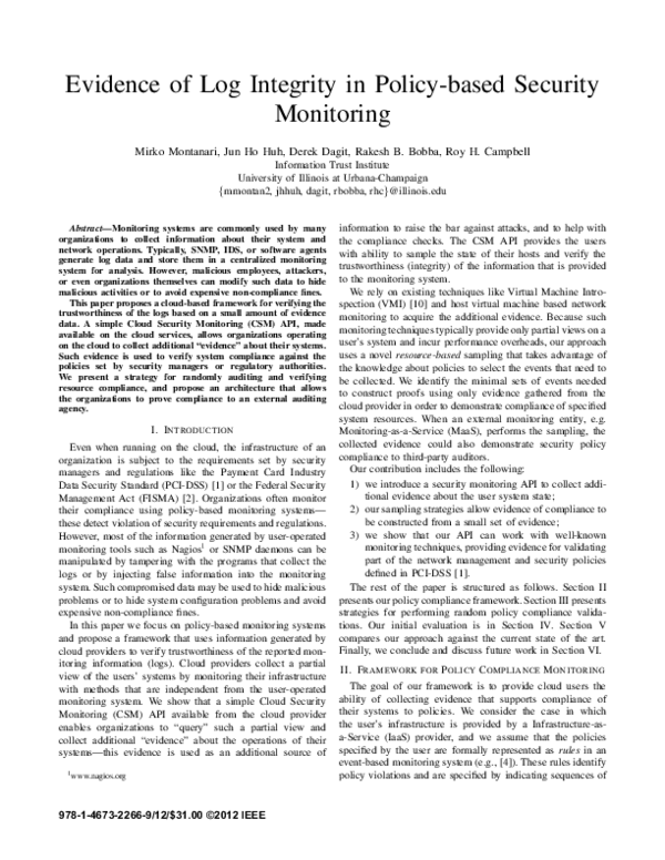 (PDF) Evidence of log integrity in policy-based security monitoring