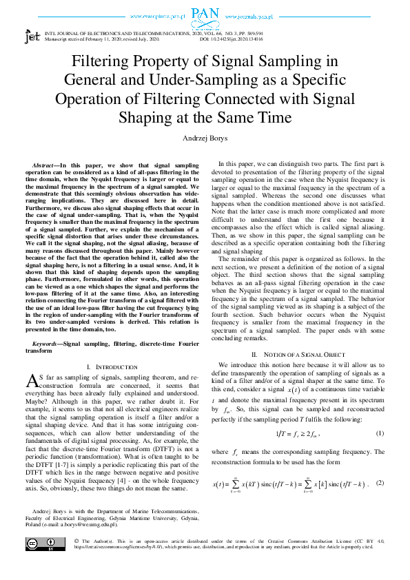 (PDF) Filtering Property of Signal Sampling in General and Under ...