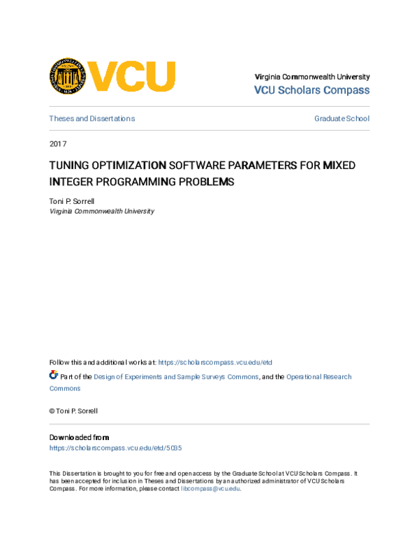 (PDF) Tuning Optimization Software Parameters for Mixed Integer Programming Problems | Toni ...