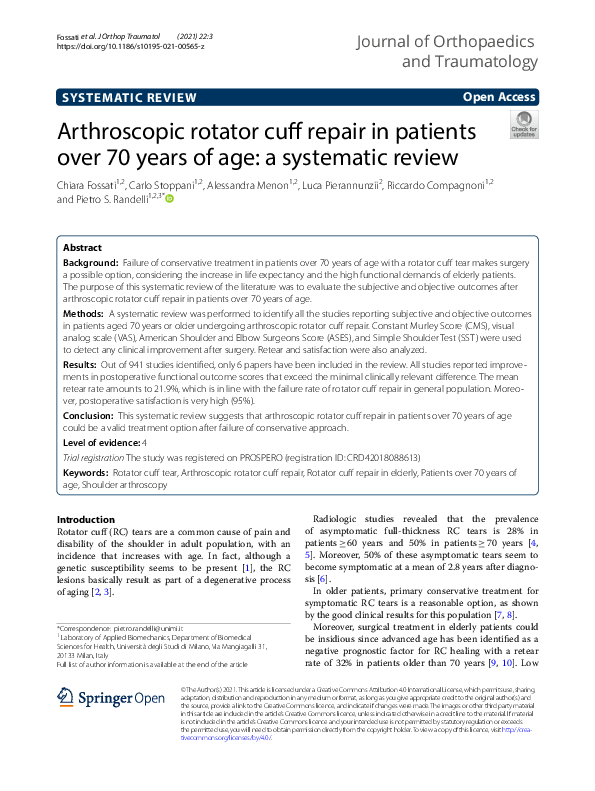 (PDF) Arthroscopic rotator cuff repair in patients over 70 years of age: a systematic review