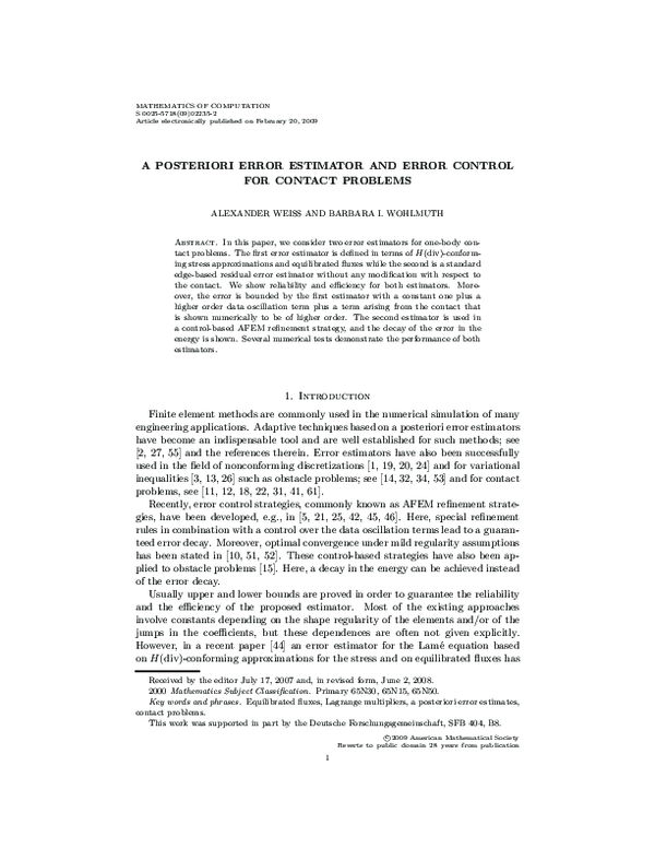 Pdf A Posteriori Error Estimator And Error Control For Contact