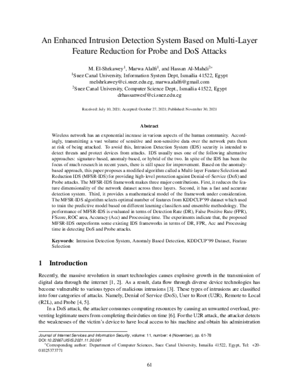 Pdf An Enhanced Intrusion Detection System Based On Multi Layer Feature Reduction For Probe
