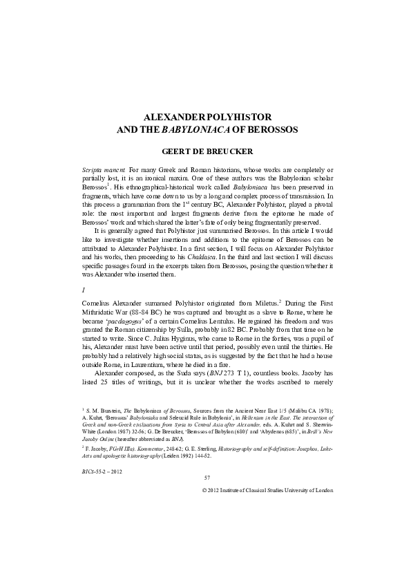 (PDF) Alexander Polyhistor and the Babyloniaca of Berossos