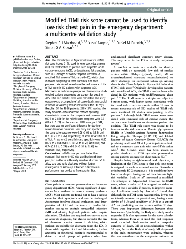 (PDF) Modified TIMI risk score cannot be used to identify low-risk ...