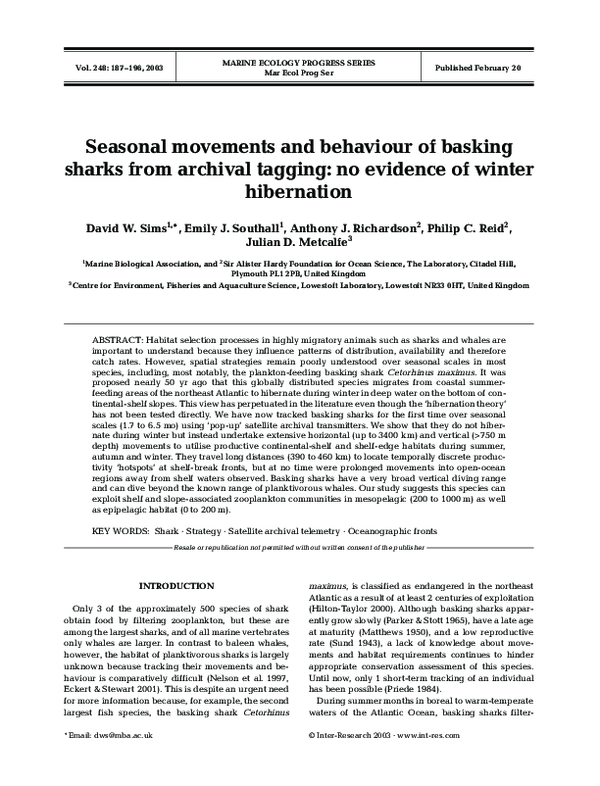 (PDF) Seasonal movements and behaviour of basking sharks from archival ...