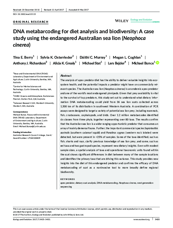 (PDF) DNA metabarcoding for diet analysis and biodiversity: A case study using the endangered ...