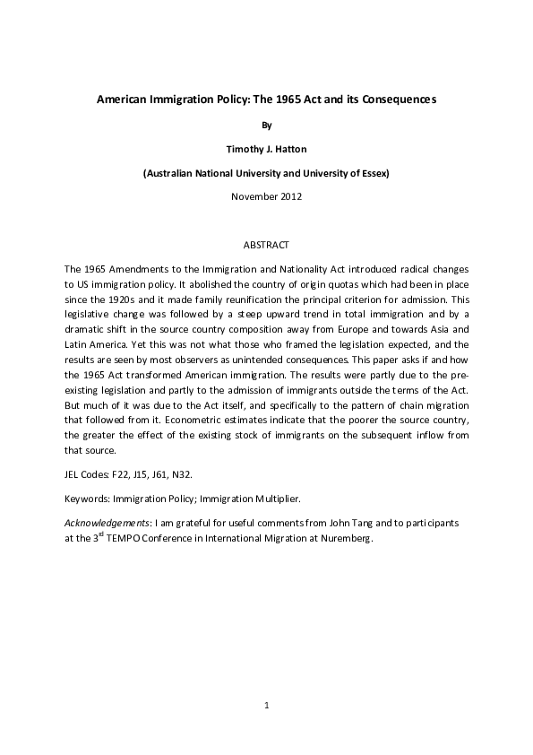 (PDF) United States Immigration Policy: The 1965 Act and its Consequences