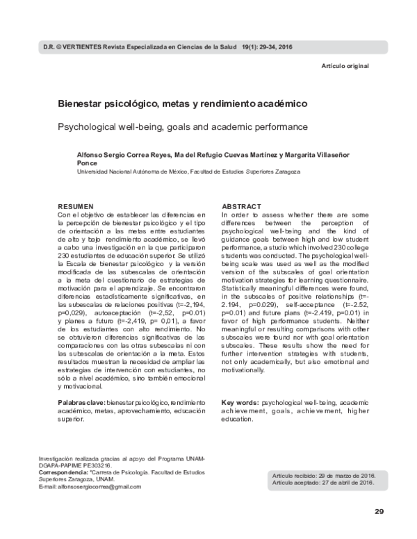 (PDF) Bienestar psicológico, metas y rendimiento académico