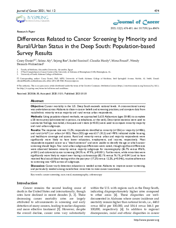 (PDF) Differences Related to Cancer Screening by Minority and Rural ...