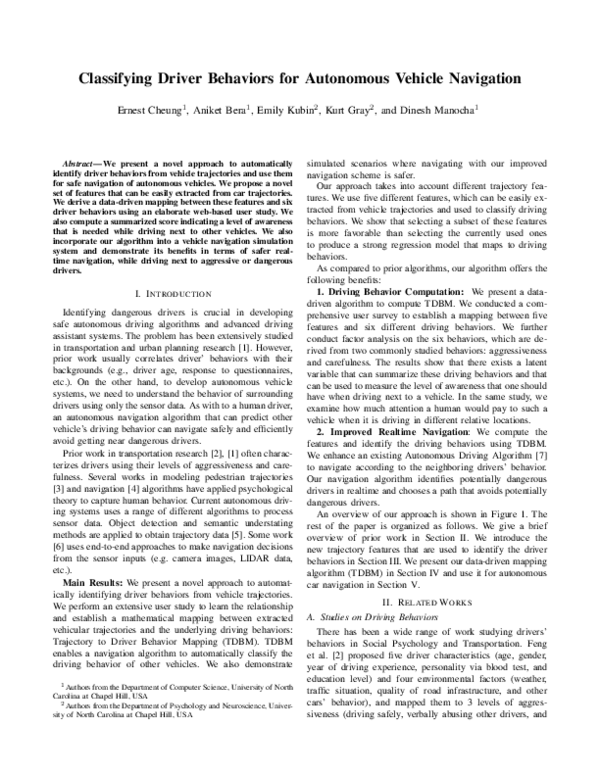 (PDF) Classifying Driver Behaviors for Autonomous Vehicle Navigation