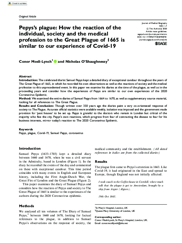 (PDF) Pepys’s plague: How the reaction of the individual, society and ...