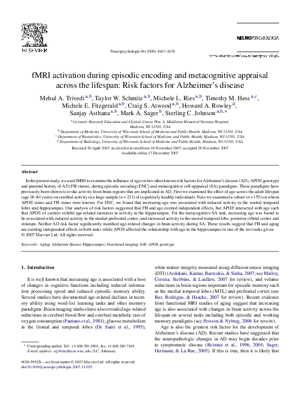 Pdf Fmri Activation During Episodic Encoding And Metacognitive Appraisal Across The Lifespan