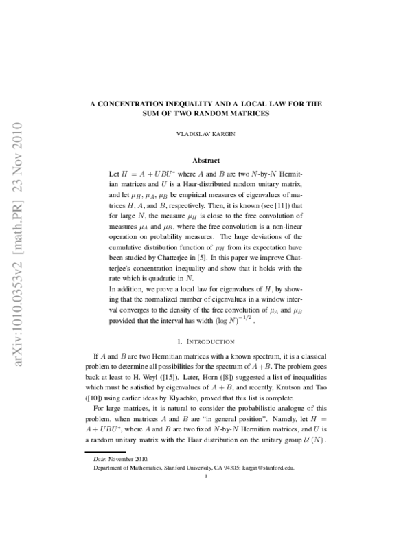 (PDF) A concentration inequality and a local law for the sum of two random matrices