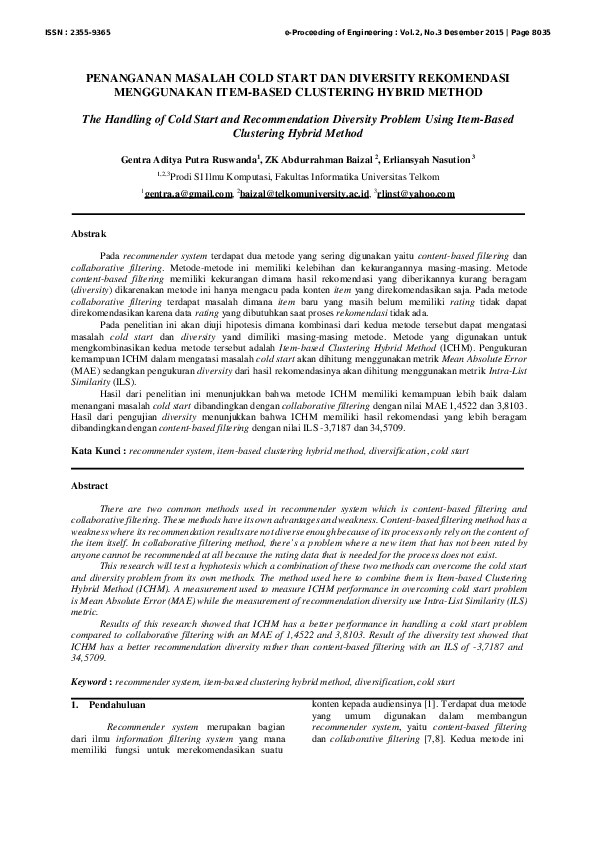 (PDF) Penanganan Masalah Cold Start Dan Diversity Rekomendasi Menggunakan Item-based Clustering ...
