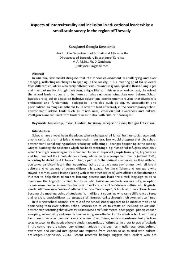 (PDF) Aspects of interculturality and inclusion in educational leadership: a small-scale survey ...