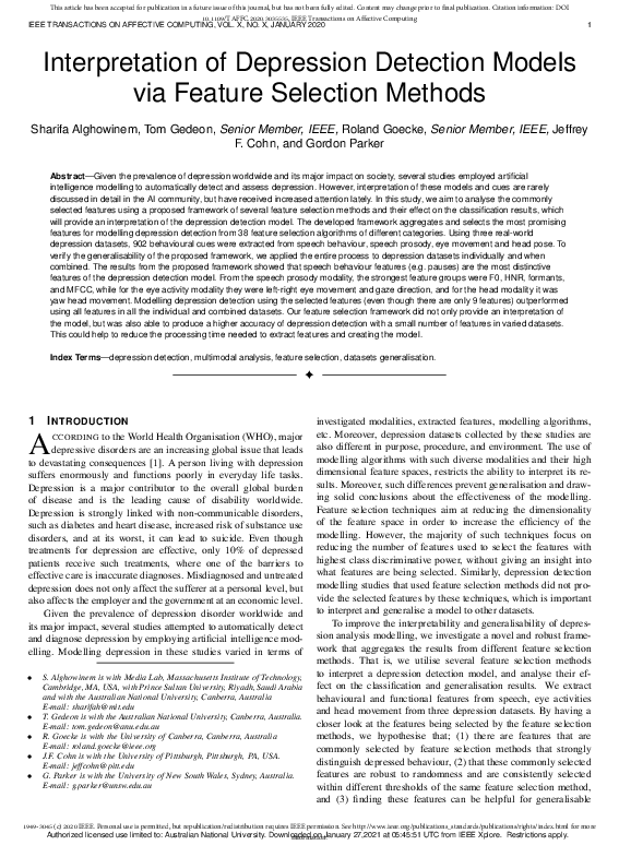 (PDF) Interpretation of Depression Detection Models via Feature ...