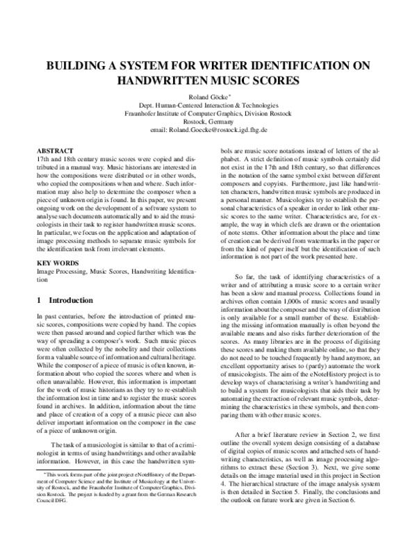 Pdf Building A System For Writer Identification On Handwritten Music Scores