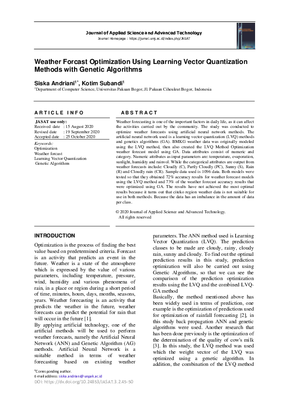 (PDF) Weather Forcast Optimization Using Learning Vector Quantization Methods with Genetic ...