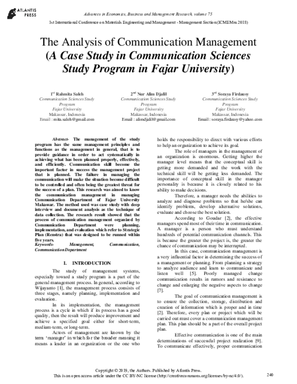 (PDF) The Analysis of Communication Management (A Case Study in ...