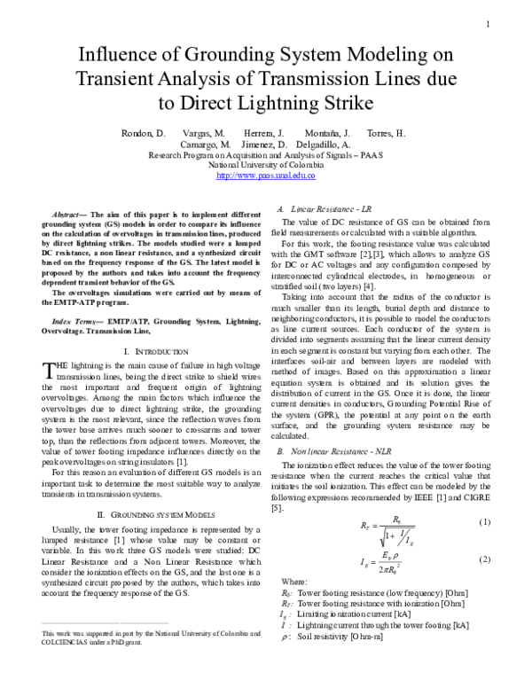 Pdf Influence Of Grounding System Modeling On Transient Analysis Of Transmission Lines Due To