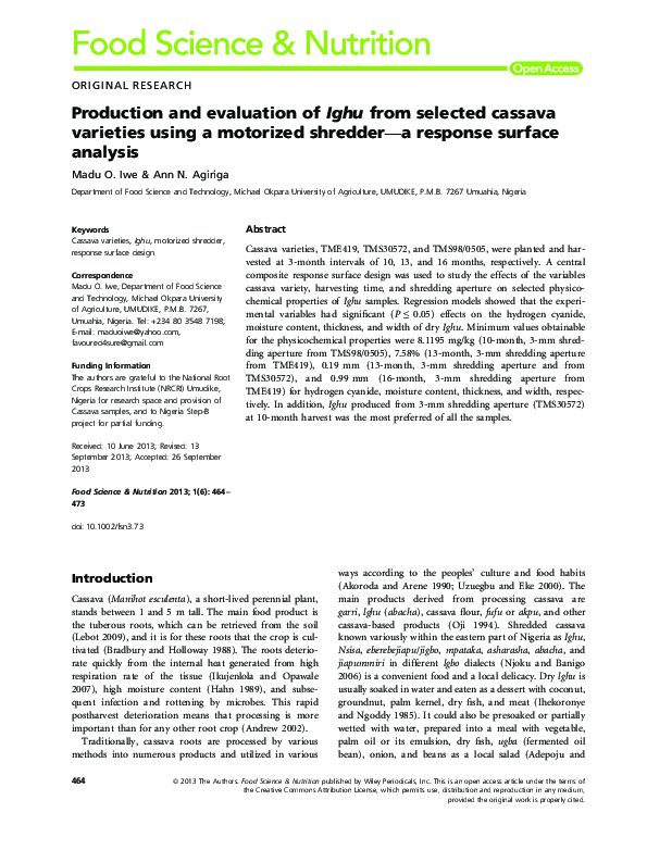 (PDF) Production and evaluation of Ighu from selected cassava varieties ...