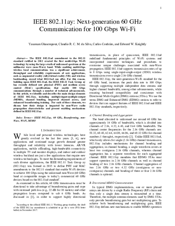 (PDF) IEEE 802.11ay: Next-Generation 60 GHz Communication for 100 Gb/s ...