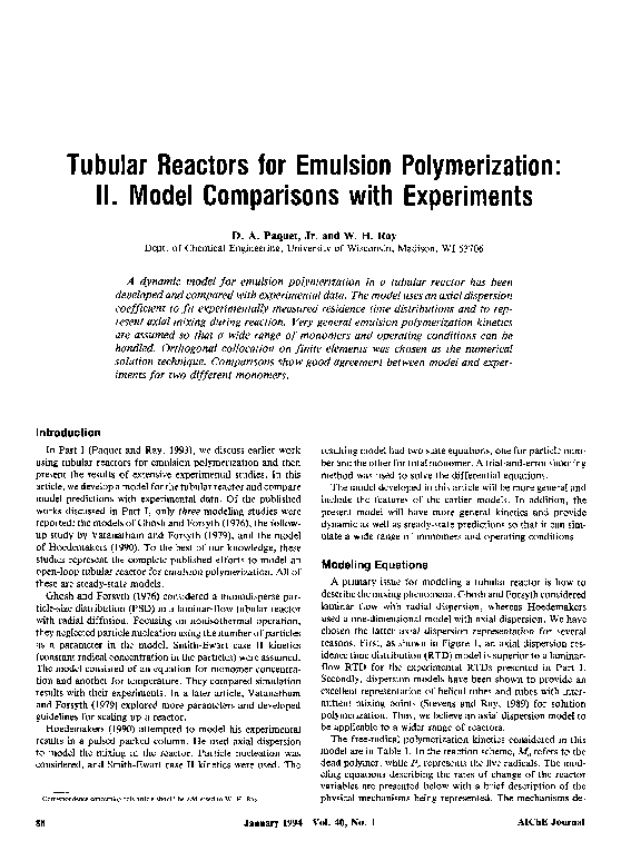 (PDF) Tubular reactors for emulsion polymerization: II. Model ...