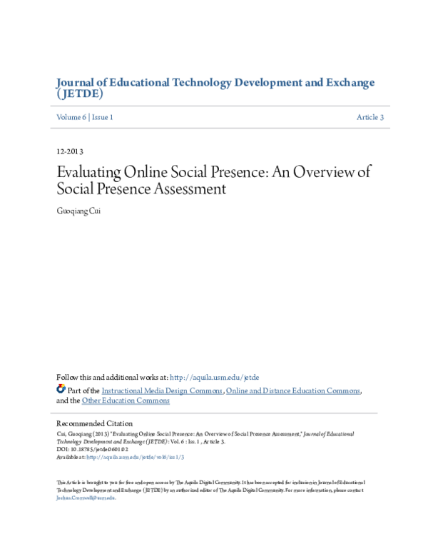 (PDF) Evaluating Online Social Presence: An Overview of Social Presence ...