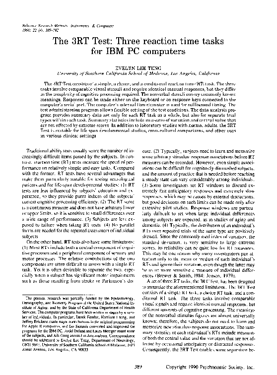 (PDF) The 3RT Test: Three reaction time tasks for IBM PC computers