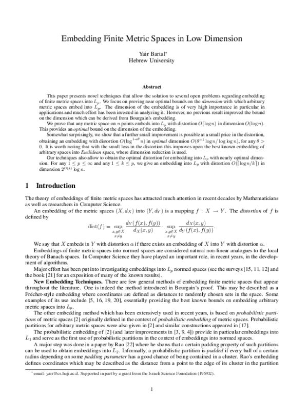 Embedding Finite Metric Spaces In Low Dimension 8592