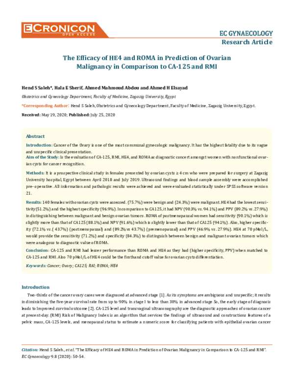 (PDF) The Efficacy of HE4 and ROMA in Prediction of Ovarian Malignancy ...