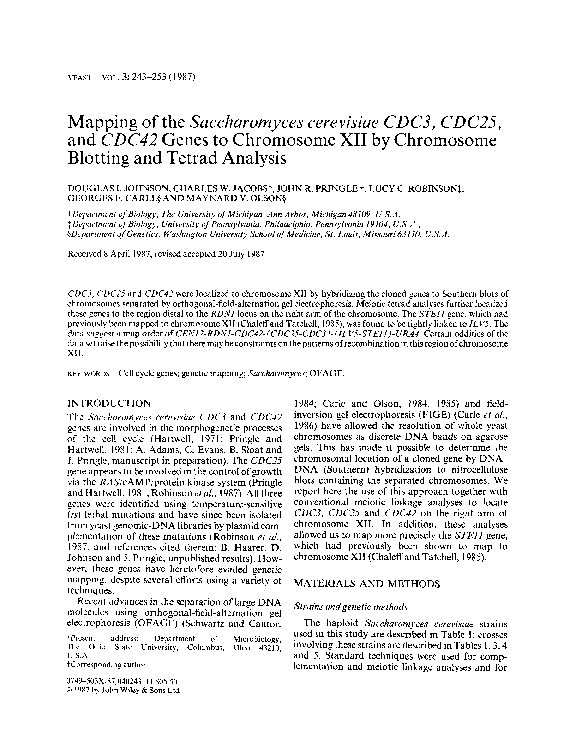 (PDF) Mapping of the Saccharomyces cerevisiae CDC3, CDC25, and CDC42 genes to chromosome XII by ...