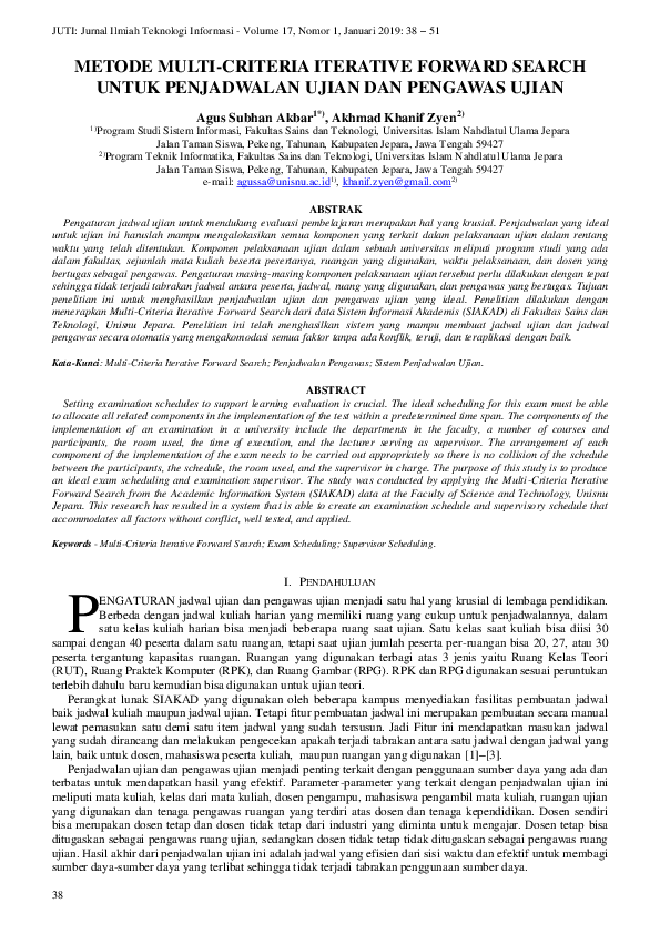 (PDF) Metode Multi-Criteria Iterative Forward Search Untuk Penjadwalan Ujian dan Pengawas Ujian