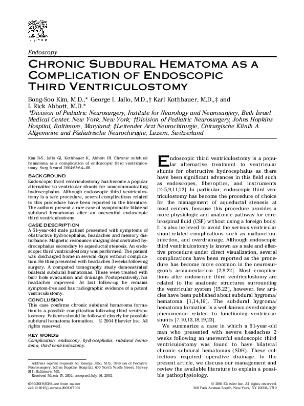 (PDF) Chronic subdural hematoma as a complication of endoscopic third ventriculostomy