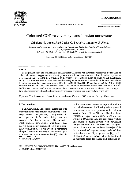(PDF) Color and COD retention by nanofiltration membranes