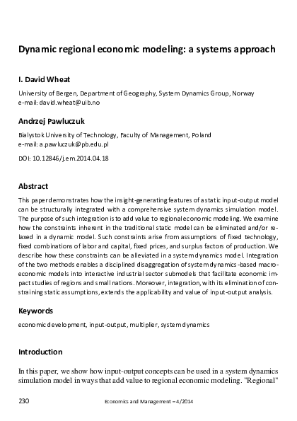(PDF) Dynamic regional economic modeling: a systems approach