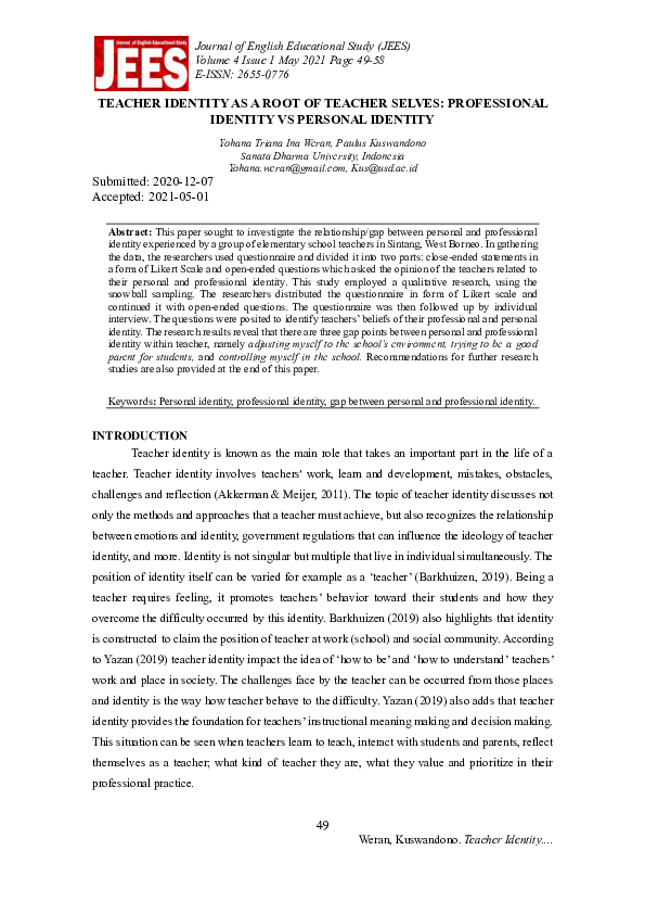 (PDF) Teacher Identity as a Root of Teacher Selves: Professional ...