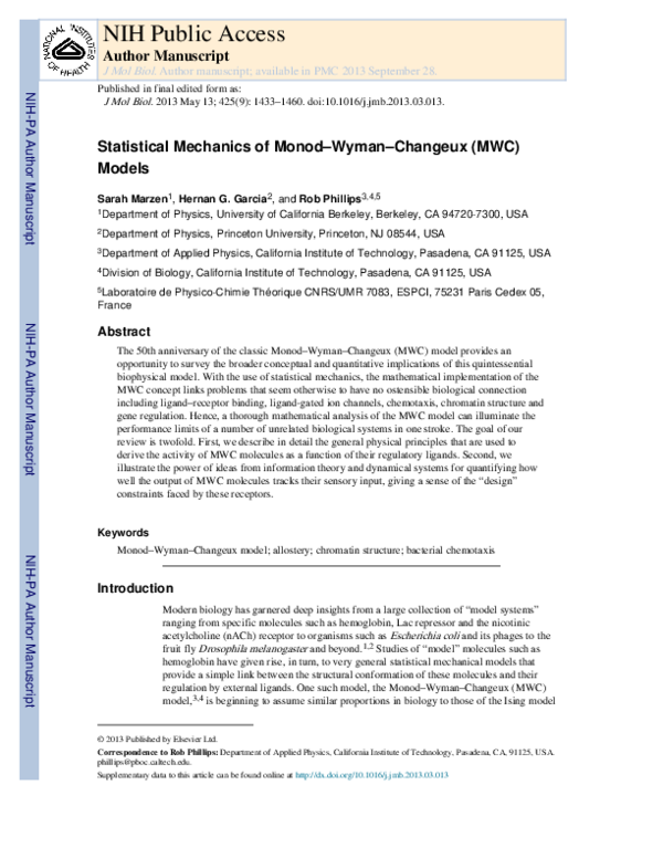(PDF) Statistical Mechanics of Monod–Wyman–Changeux (MWC) Models