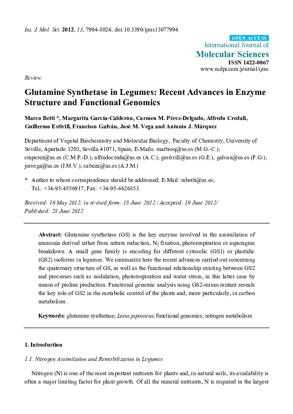 (PDF) Glutamine synthetase in legumes: recent advances in enzyme ...