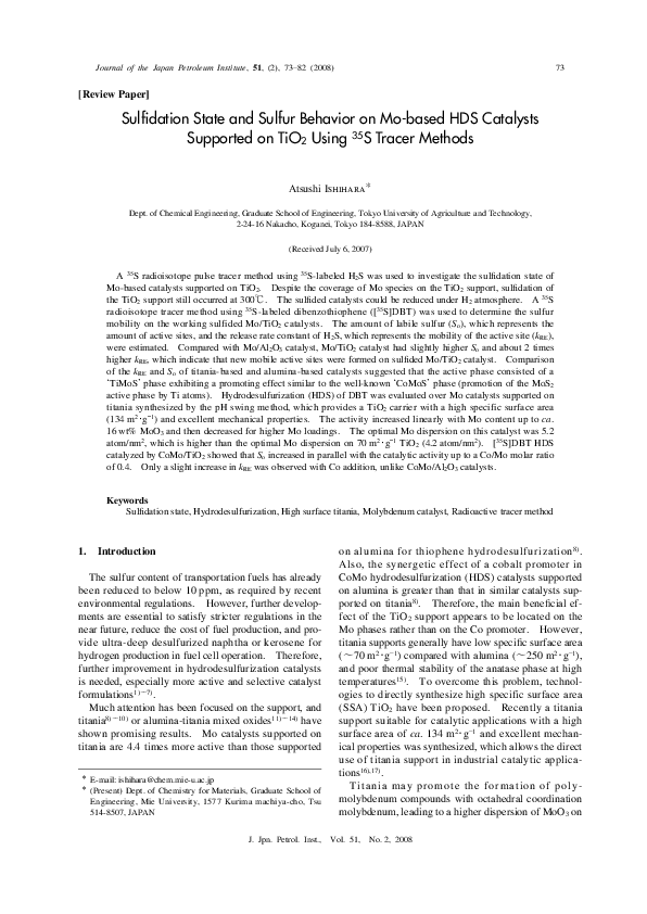 (PDF) Sulfidation State and Sulfur Behavior on Mo-based HDS Catalysts ...